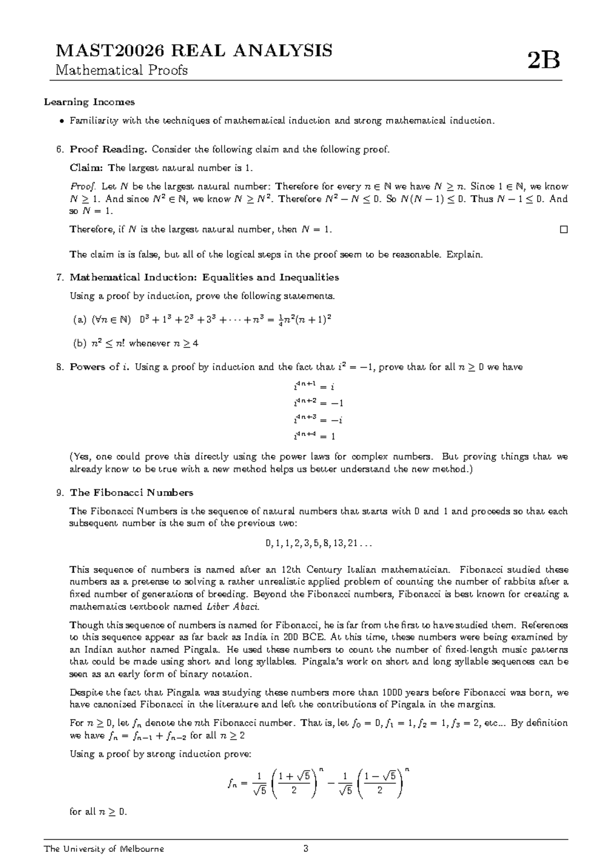MAST20026 REAL ANALYSIS 2B Tutorial 2B: Mathematical Proofs & Induction ...