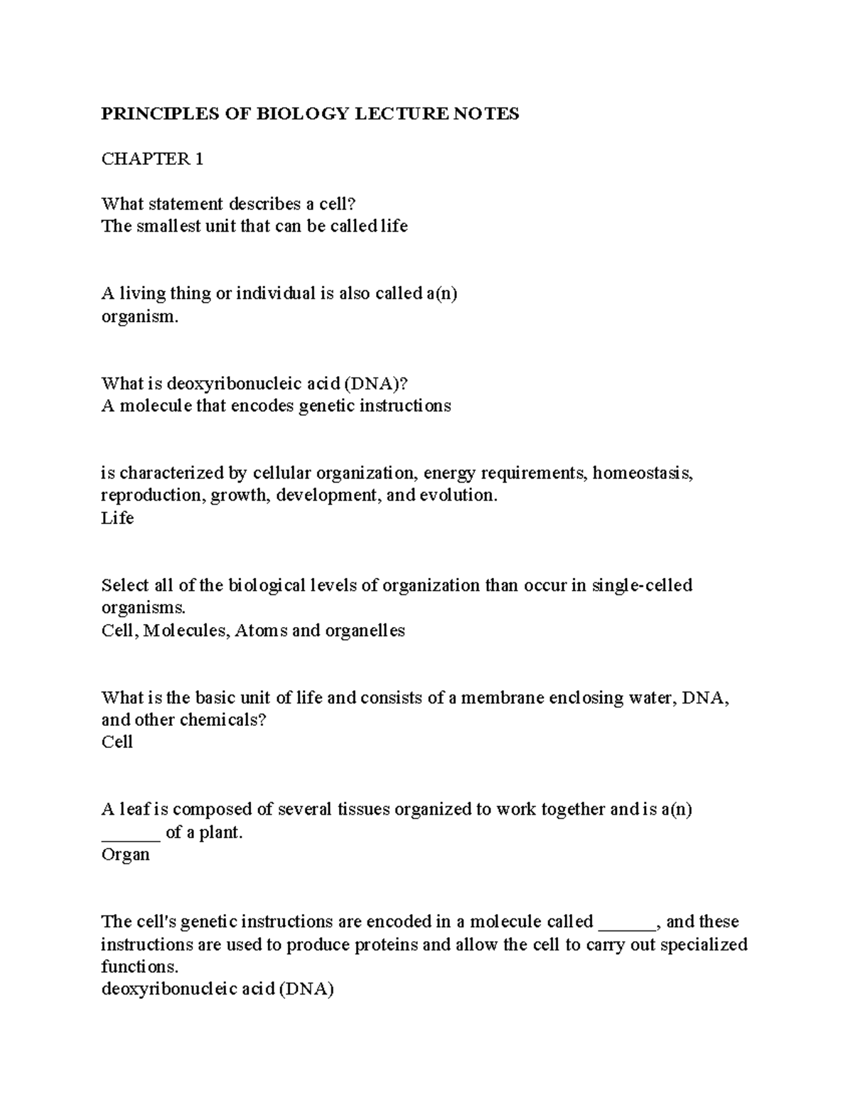 Principles OF Biology Lecture Notes - PRINCIPLES OF BIOLOGY LECTURE ...