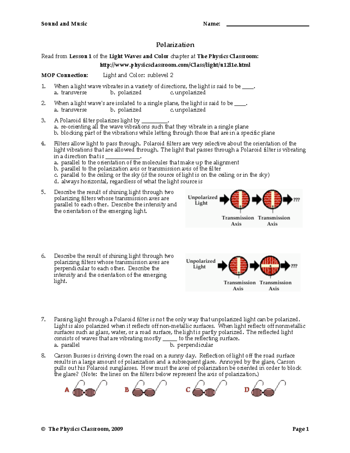 Light Waves and Color: Polarization Concepts from Lesson 1 (PHYS 101 ...