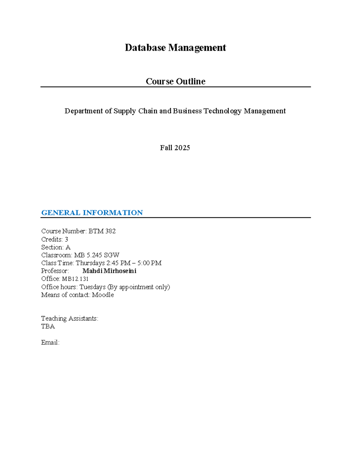 BTM 382 Database Management Course Outline - Fall 2025 - Studocu