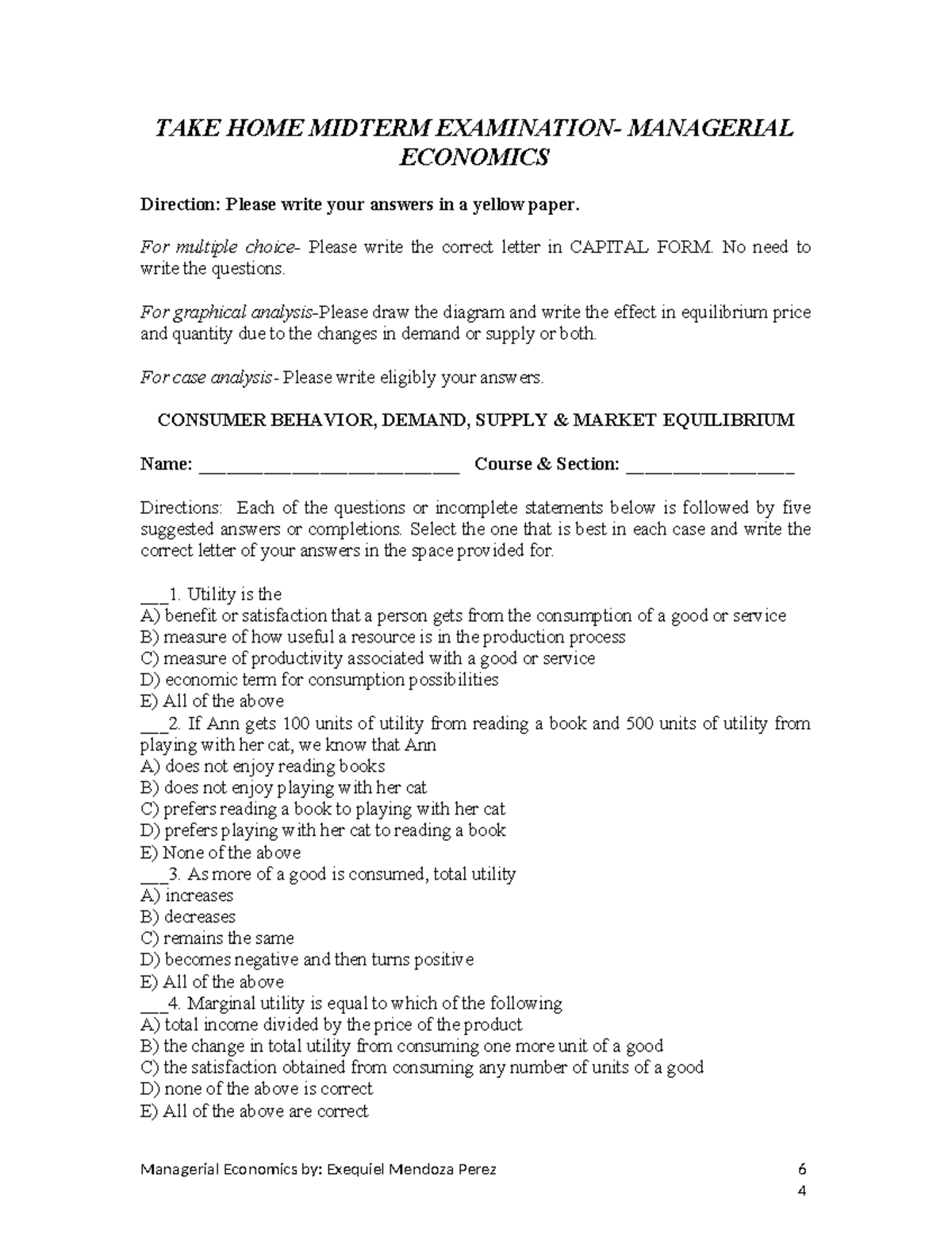 Managerial Economics: Take Home Midterm Exam Guide - Studocu