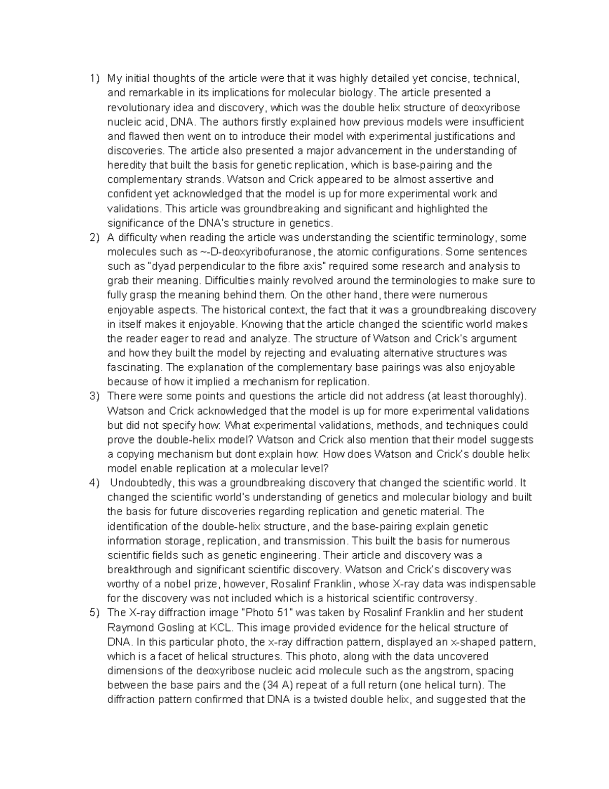 Watson and Crick Nature article and questions - My initial thoughts of ...