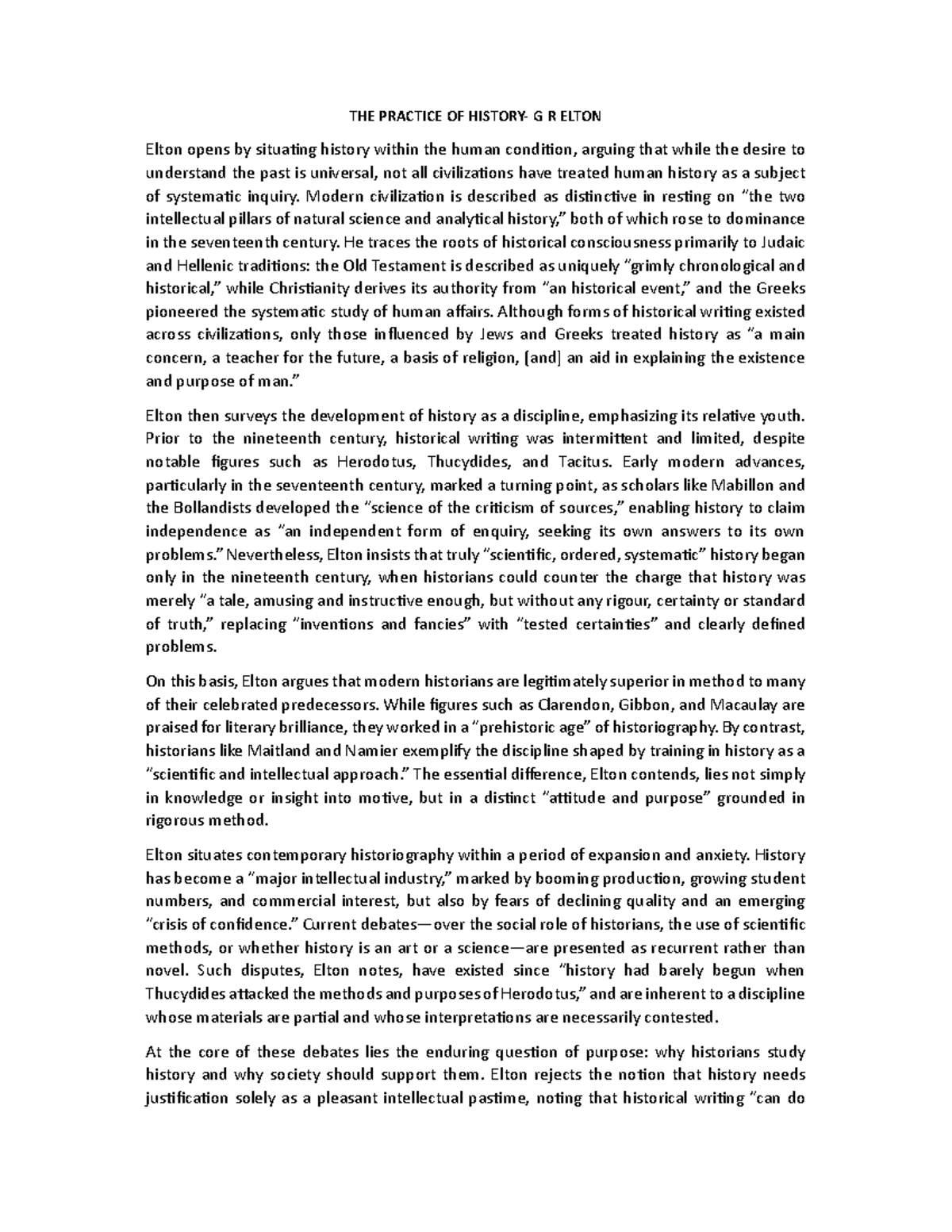 GR ELTON: The Evolution of Historical Inquiry and Method - Studocu