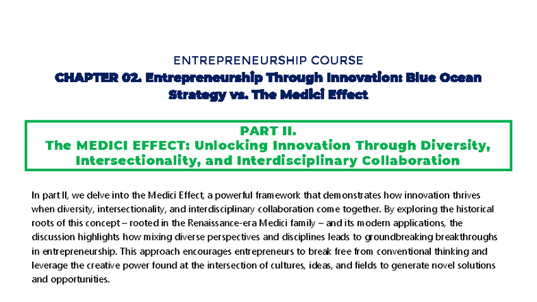 ENTREPRENEURSHIP W4 - CHAPTER 02: The Medici Effect & Innovation - Studocu