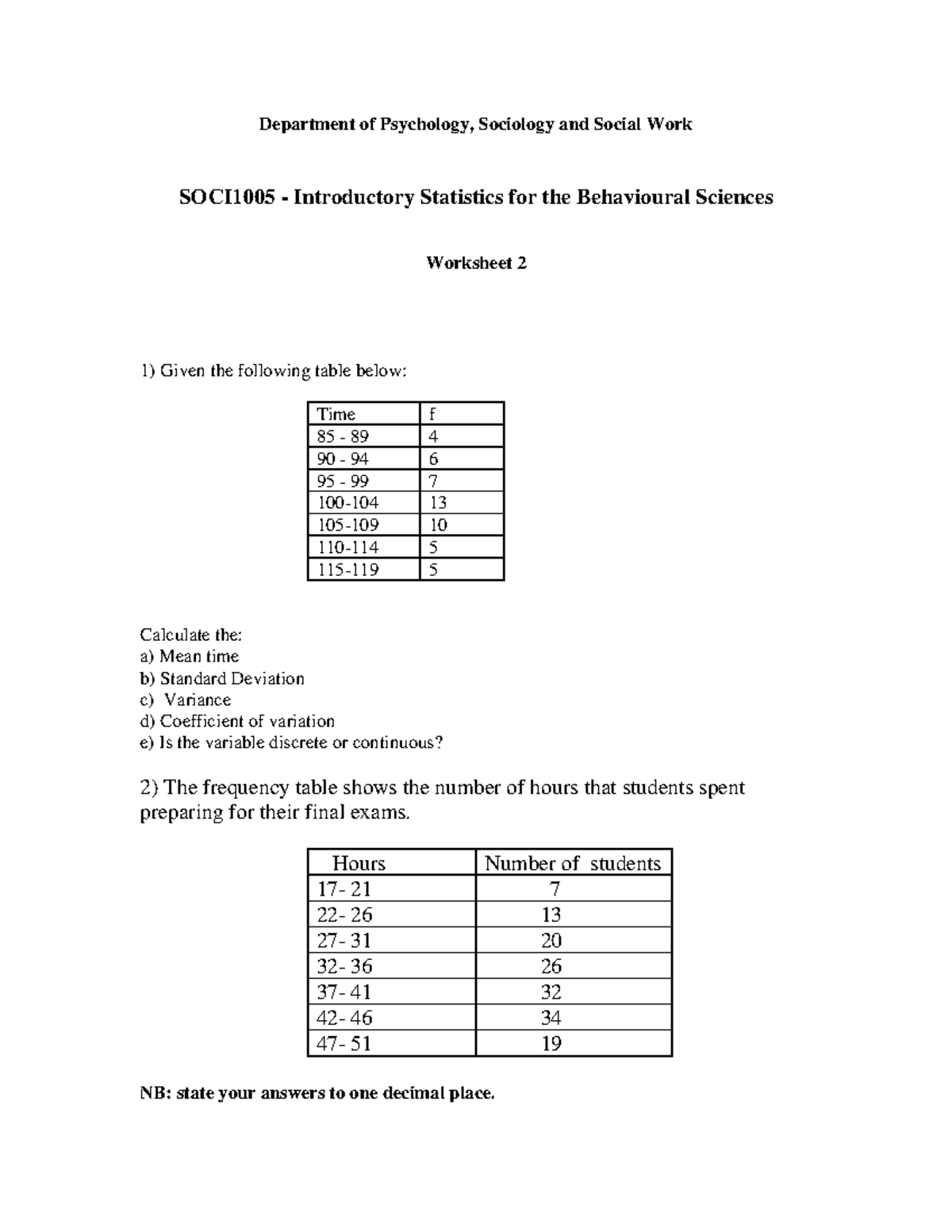 SOCI1005 Worksheet 2 - Introductory Stats Exam Practice - Studocu