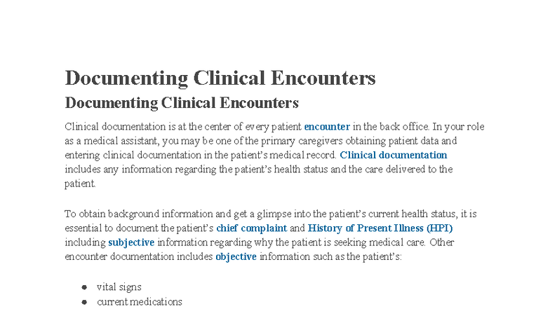 Documenting Clinical Encounters: A Guide for Medical Assistants - Studocu