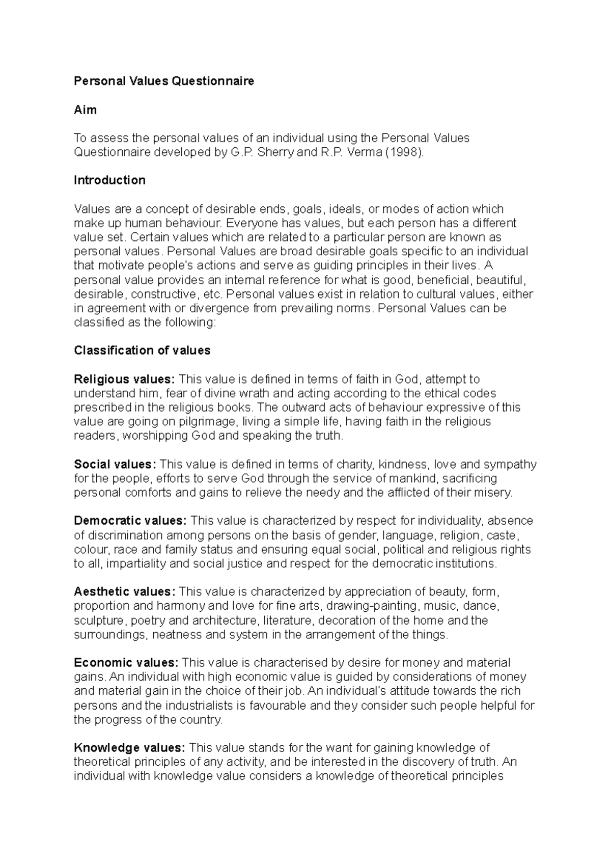 Personal Values Questionnaire: Insights and Classification Analysis ...