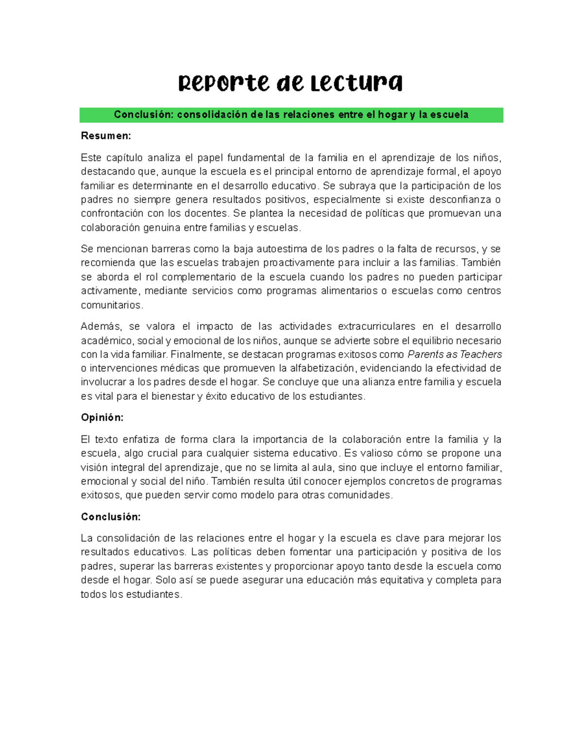 Reporte de Lectura: Consolidación de Relaciones Hogar-Escuela - Studocu