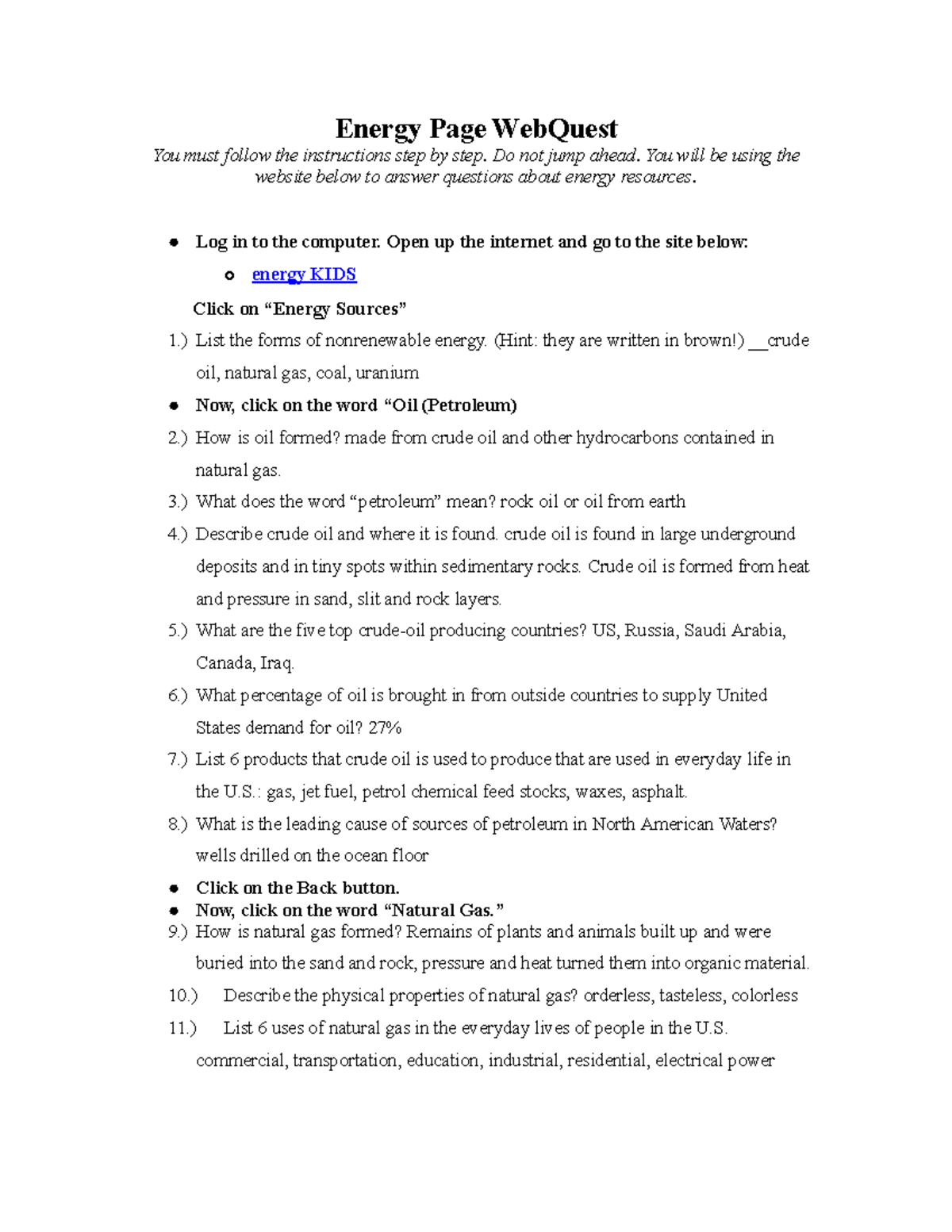 Energy WebQuest: Exploring Nonrenewable & Renewable Resources - Studocu