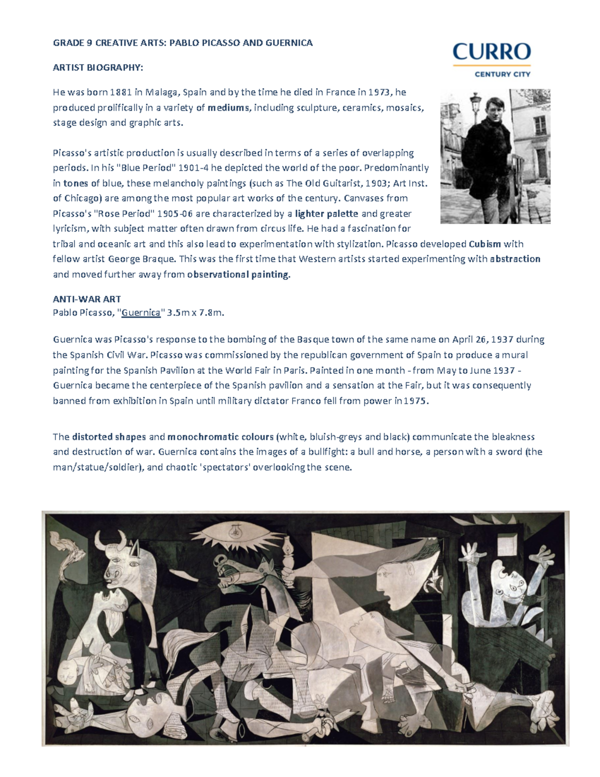 Grade 9 Creative Arts: Analysis of Picasso's Guernica Themes - Studocu