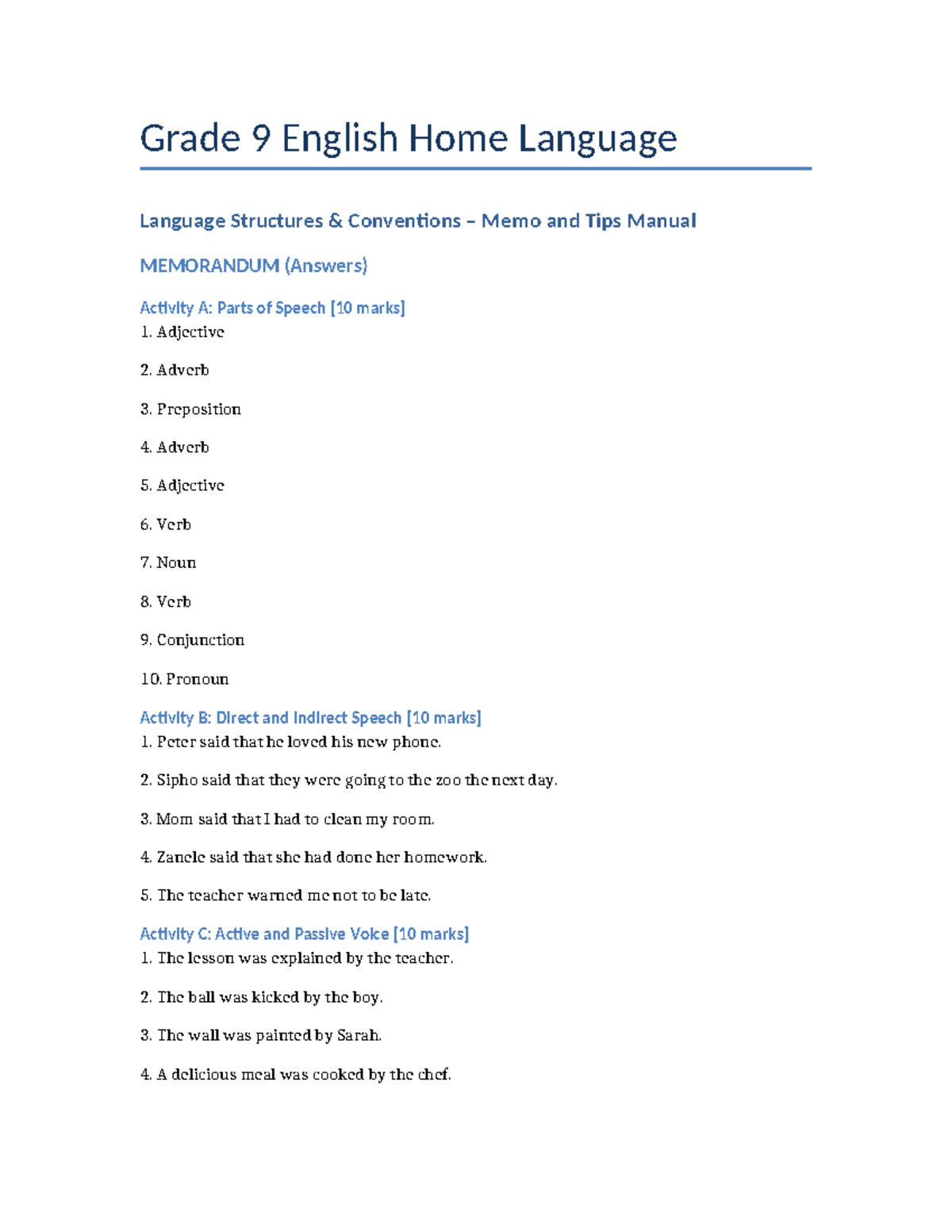 Grade 9 English Language Structures & Conventions Memo and Tips - Studocu