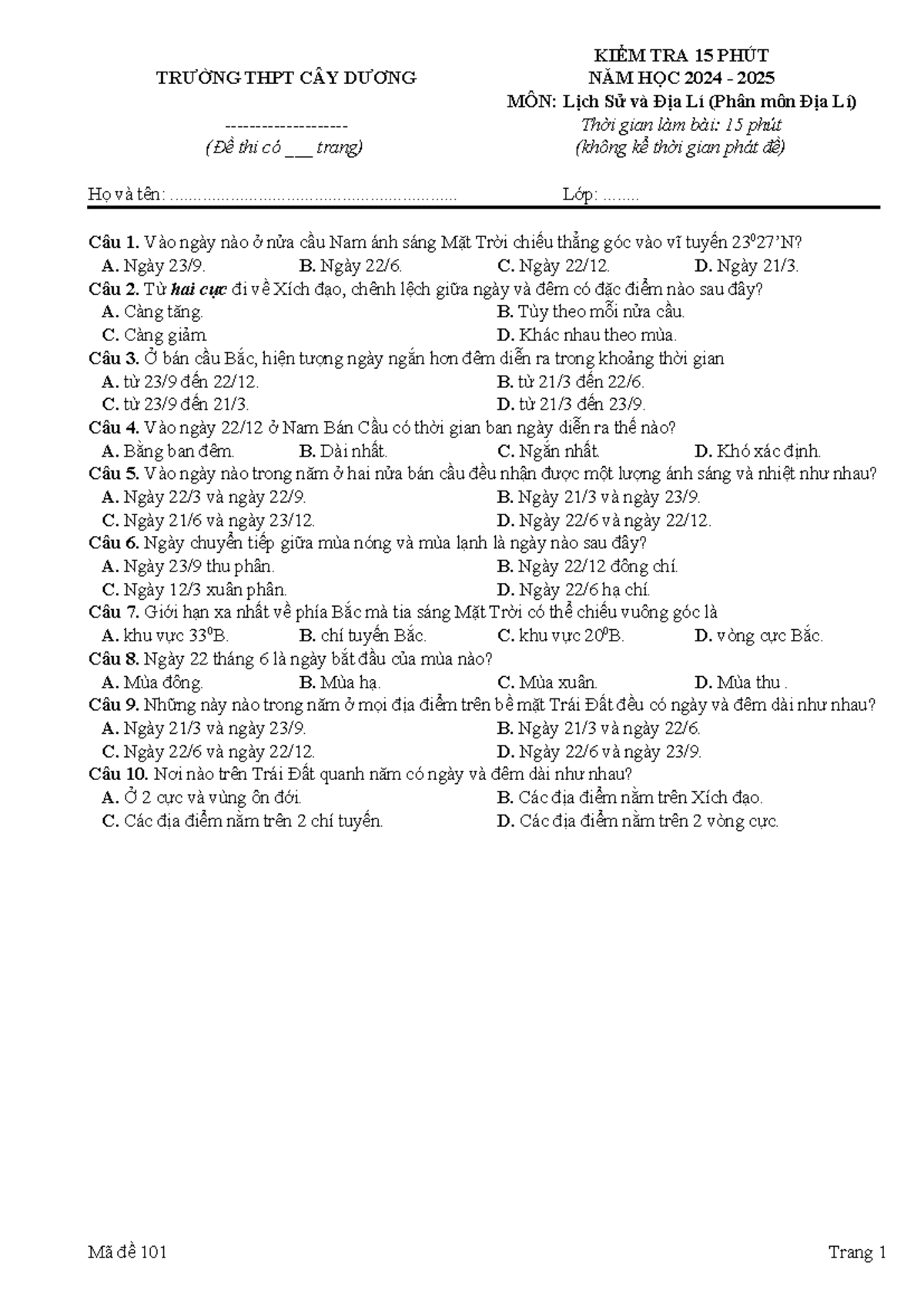 KIỂM TRA 15 PHÚT NĂM HỌC 2024-2025 MÔN Địa Lí - Mã đề 101 - Studocu