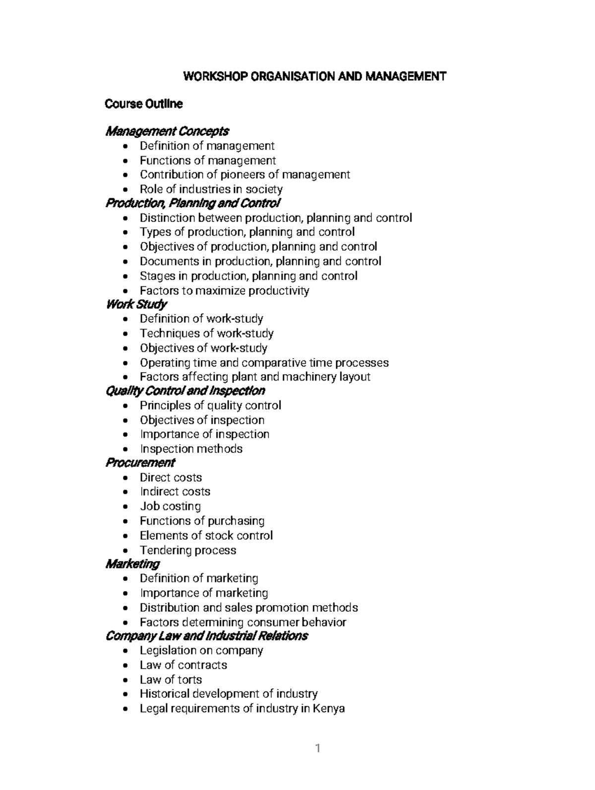 WOM 101: Workshop Organization and Management Course Outline - Studocu