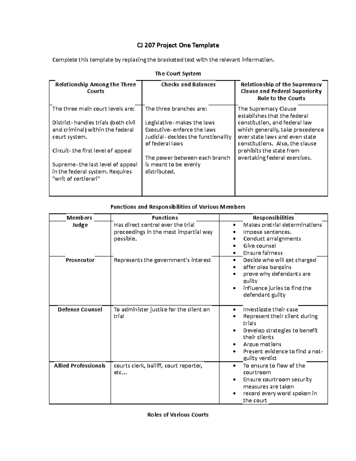 CJ 207 Project One Template: Overview of Court Systems and Functions ...