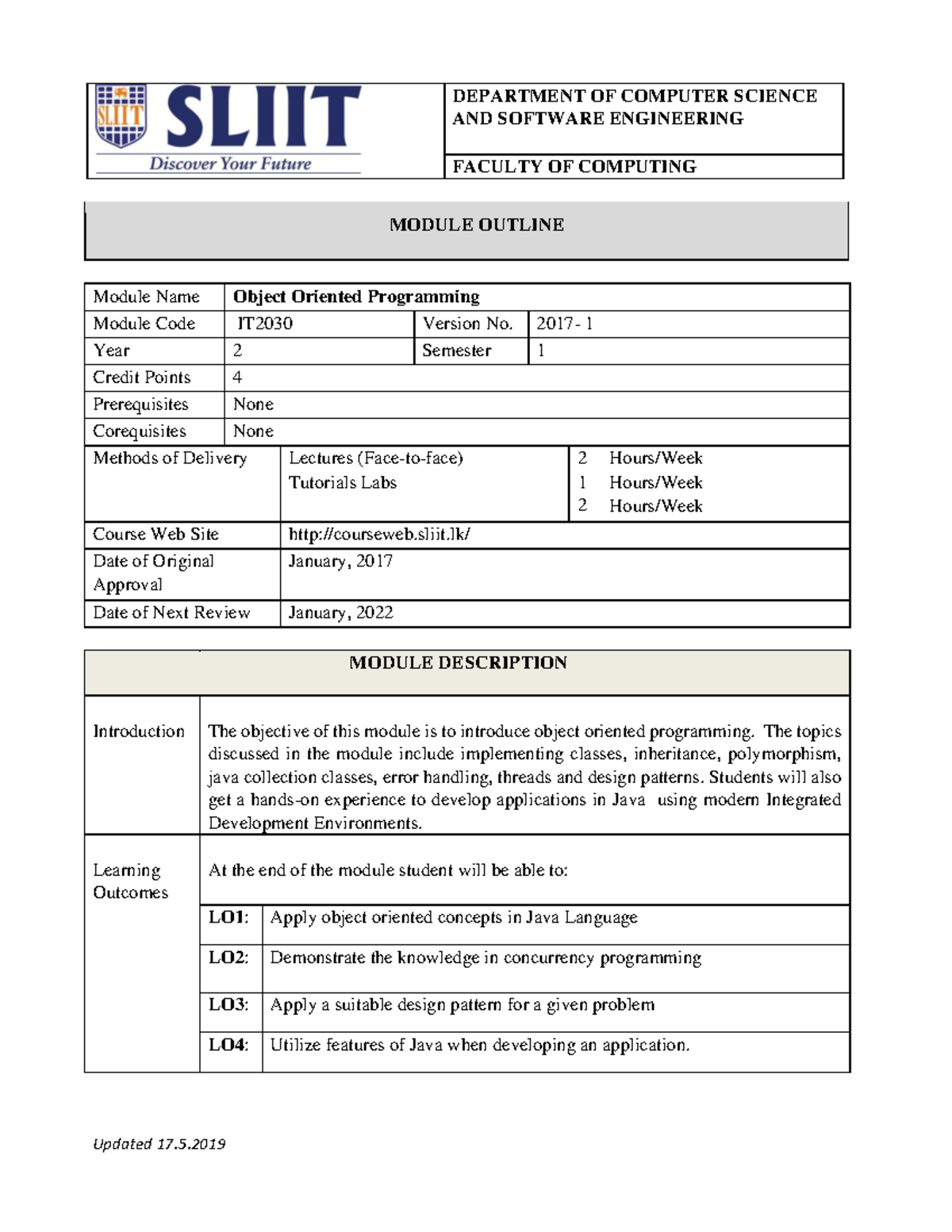 IT2030 Object Oriented Programming Module Outline and Assessment ...