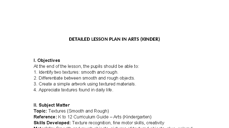 Textures Art Lesson Plan for Kindergarten (KINDER) - Studocu