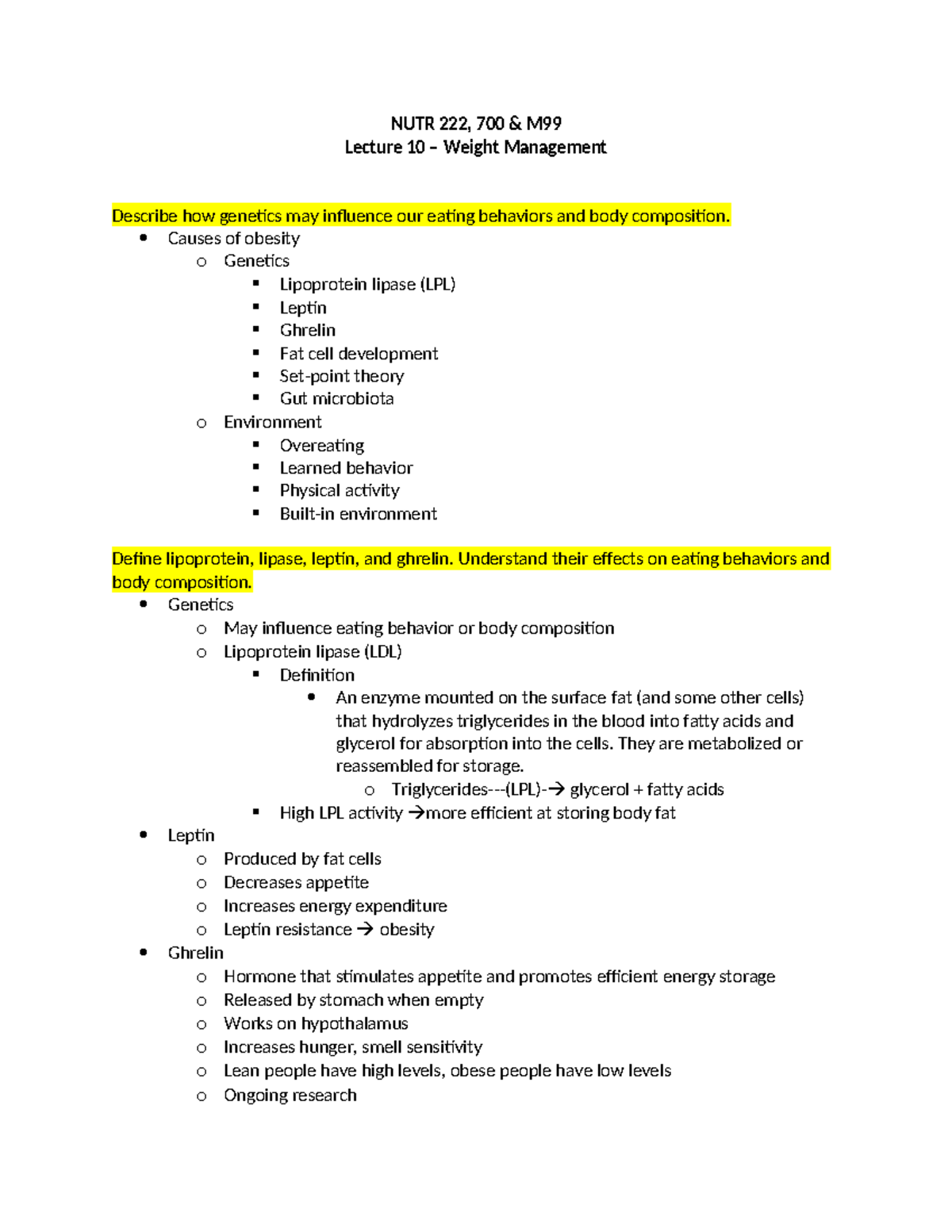 NUTR 222 Lecture 10: Genetics, Eating Disorders, and Weight Management ...