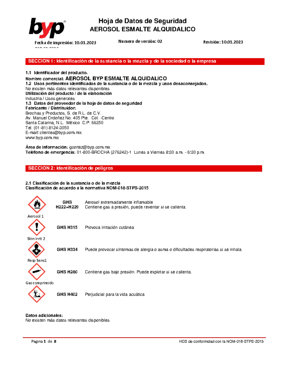 Hoja de Datos de Seguridad Aerosol Pintura BYP - HDS - Studocu