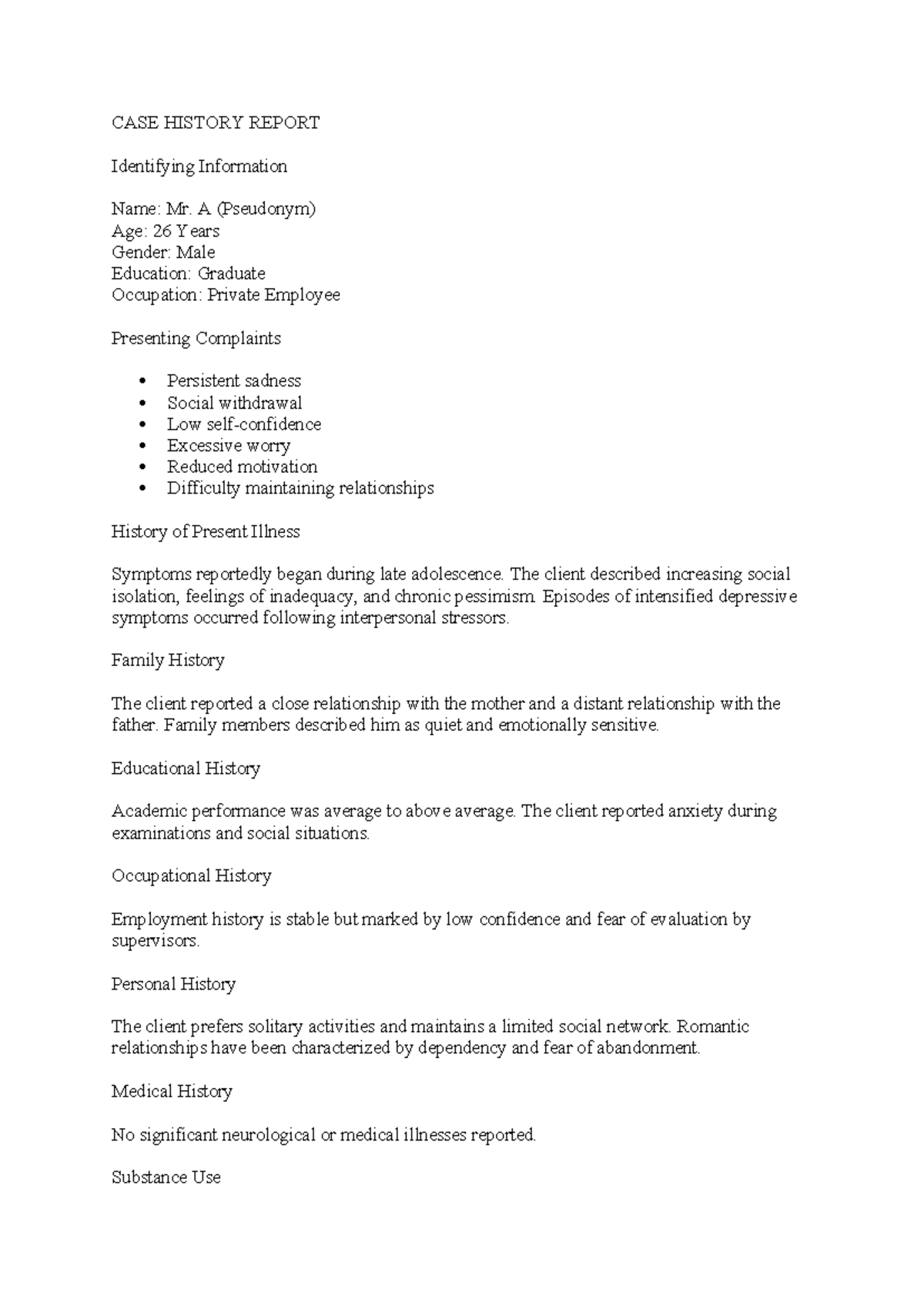 CASE HISTORY REPORT: Mr. A's Psychological Profile Analysis - Studocu