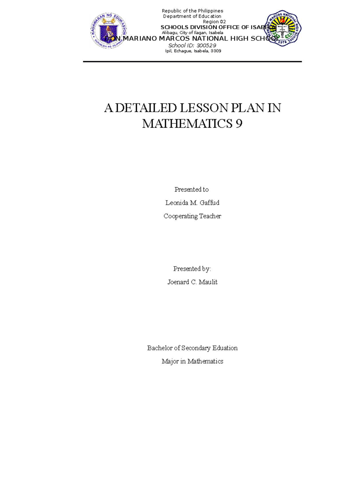 Detailed Lesson Plan for Math 9: Quadratic Equations Overview - Studocu
