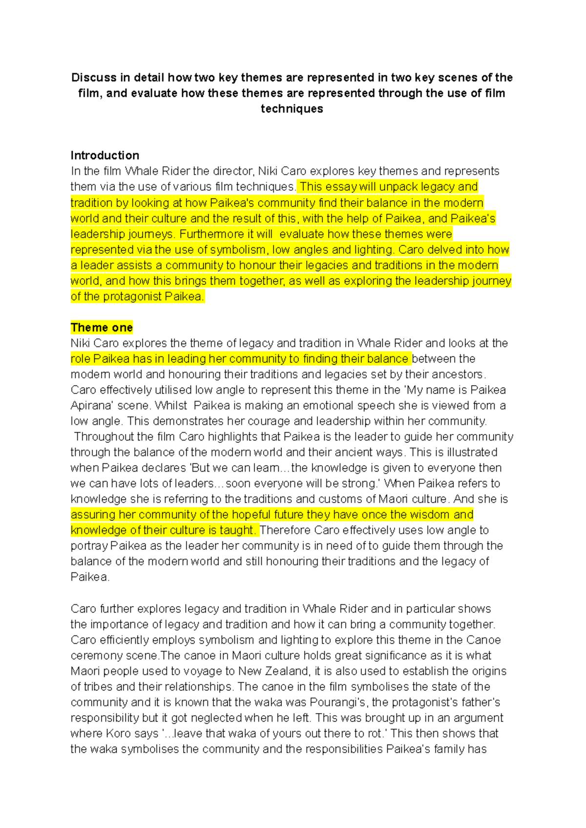 Year 10 - Essay on Themes and Leadership in Whale Rider - Studocu