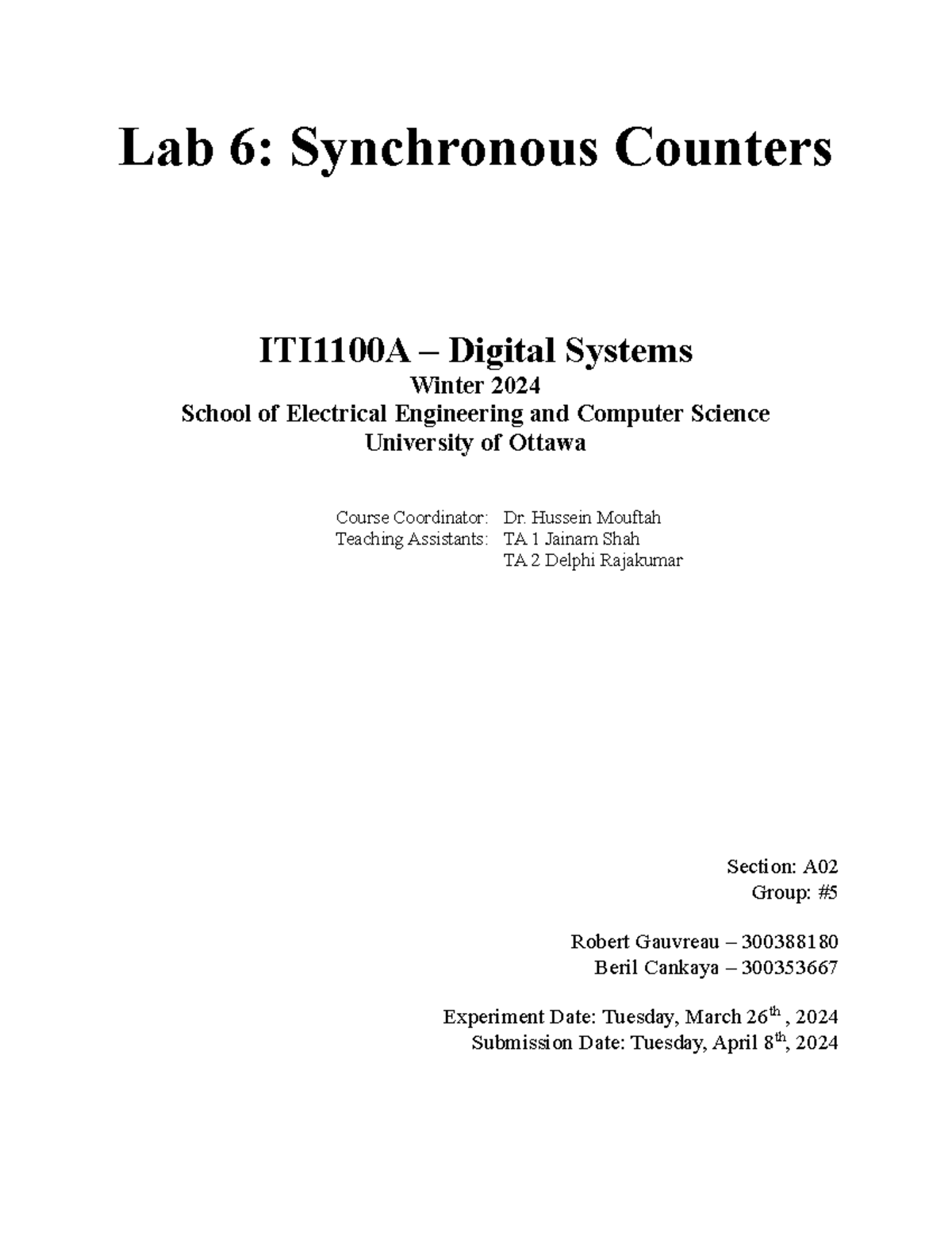 Synchronous Counters Lab Report ITI1100A - Winter 2024 - Studocu