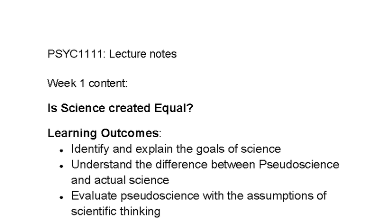Psyc1111 Lecture Notes: Week 1 - Science vs. Pseudoscience - Studocu
