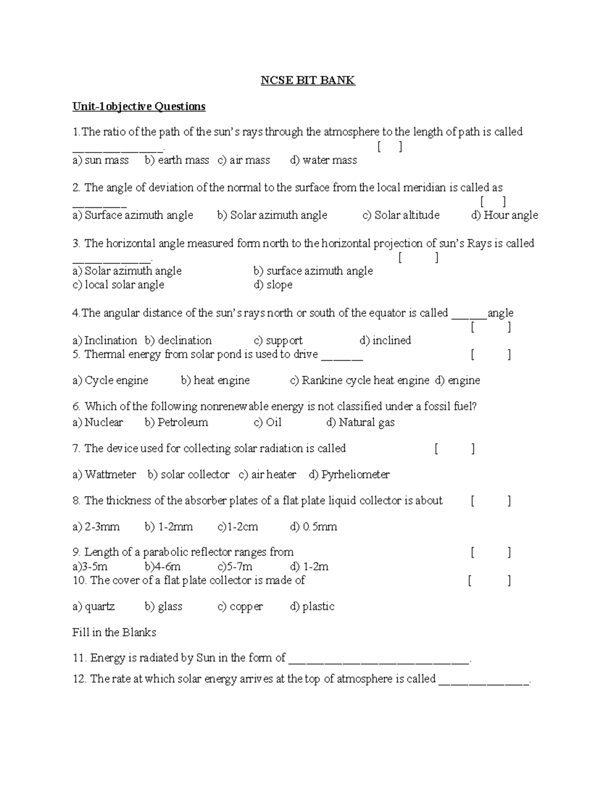 NCSE BIT-Bank Questions & Answers - Solar & Biomass Energy Notes - Studocu