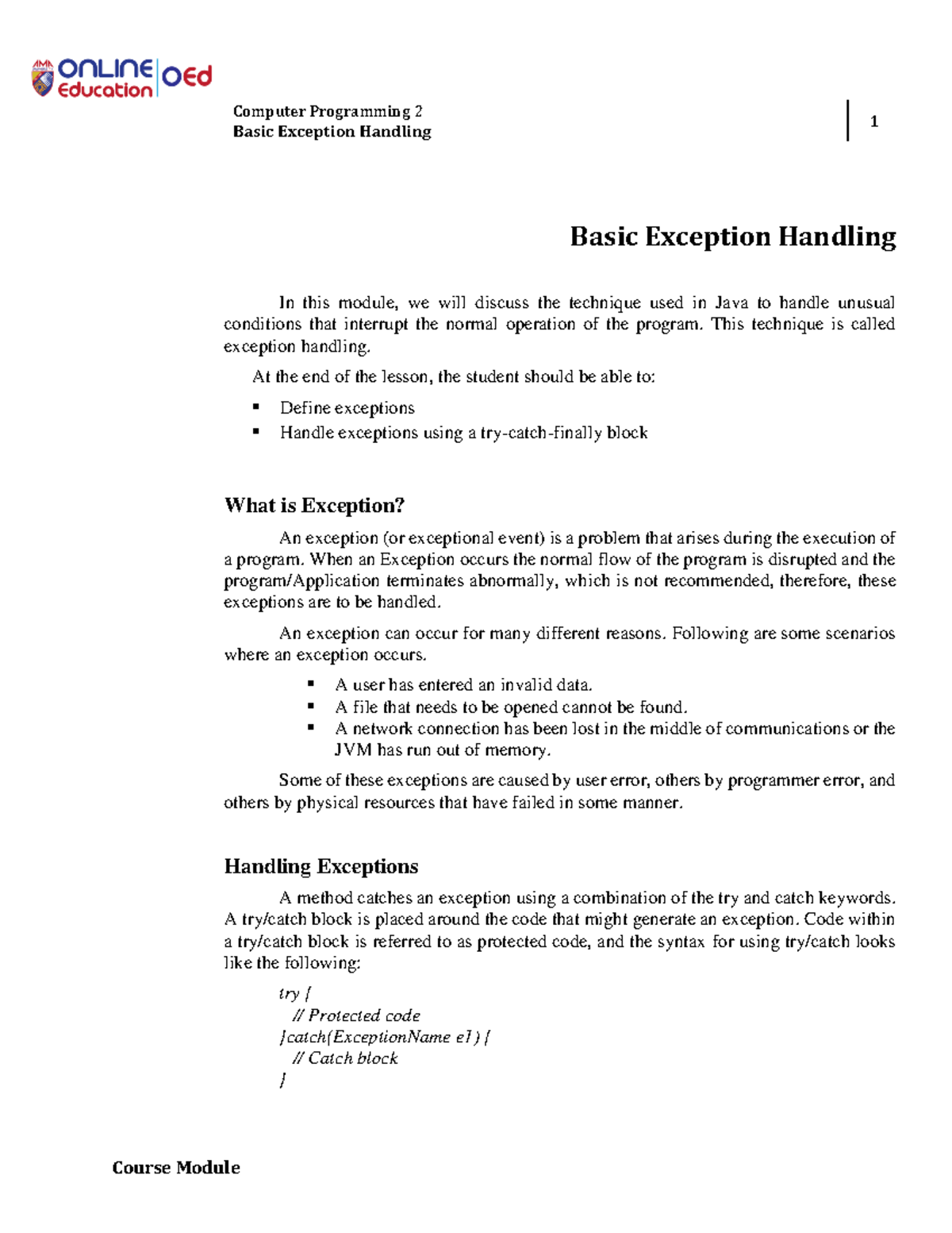 W13 Module Basic Exception Handling Computer Programming 2 Basic 5228