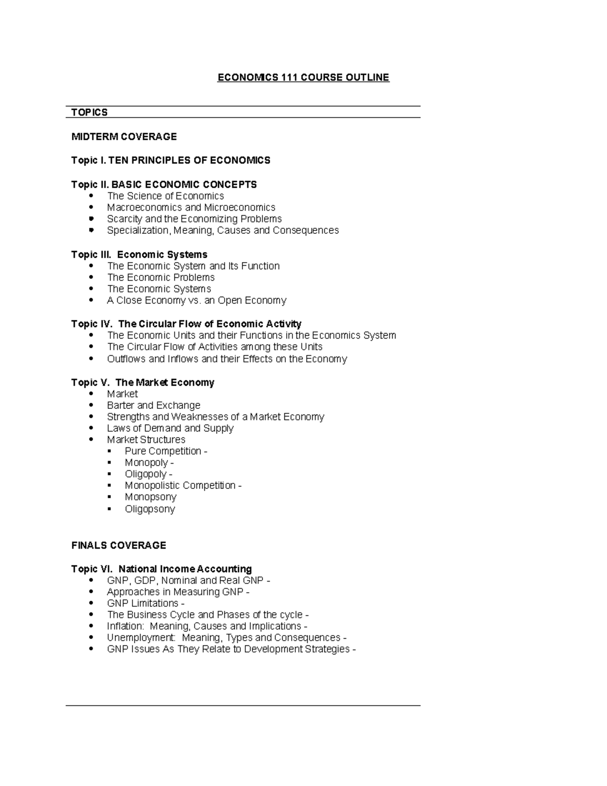 Economics 111 Course Outline - ECONOMICS 111 COURSE OUTLINE TOPICS ...