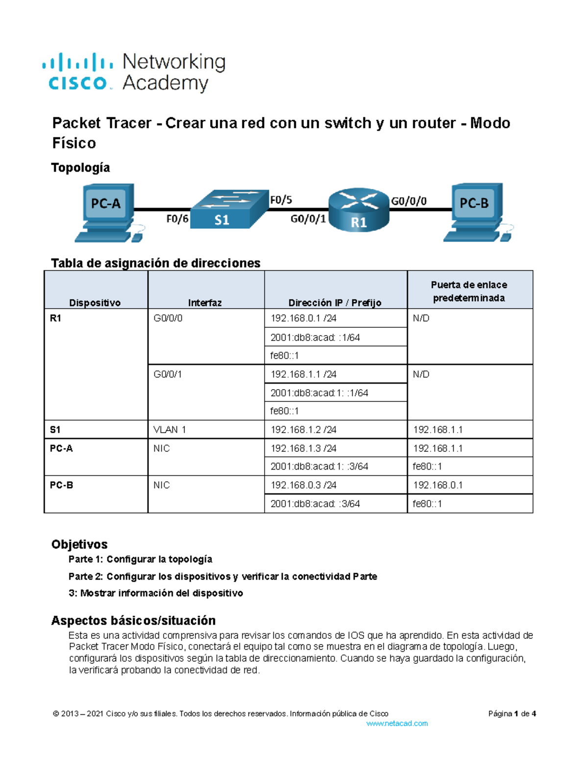 10.4.4 Packet Tracer - Configuración de red con Switch y Router - Studocu