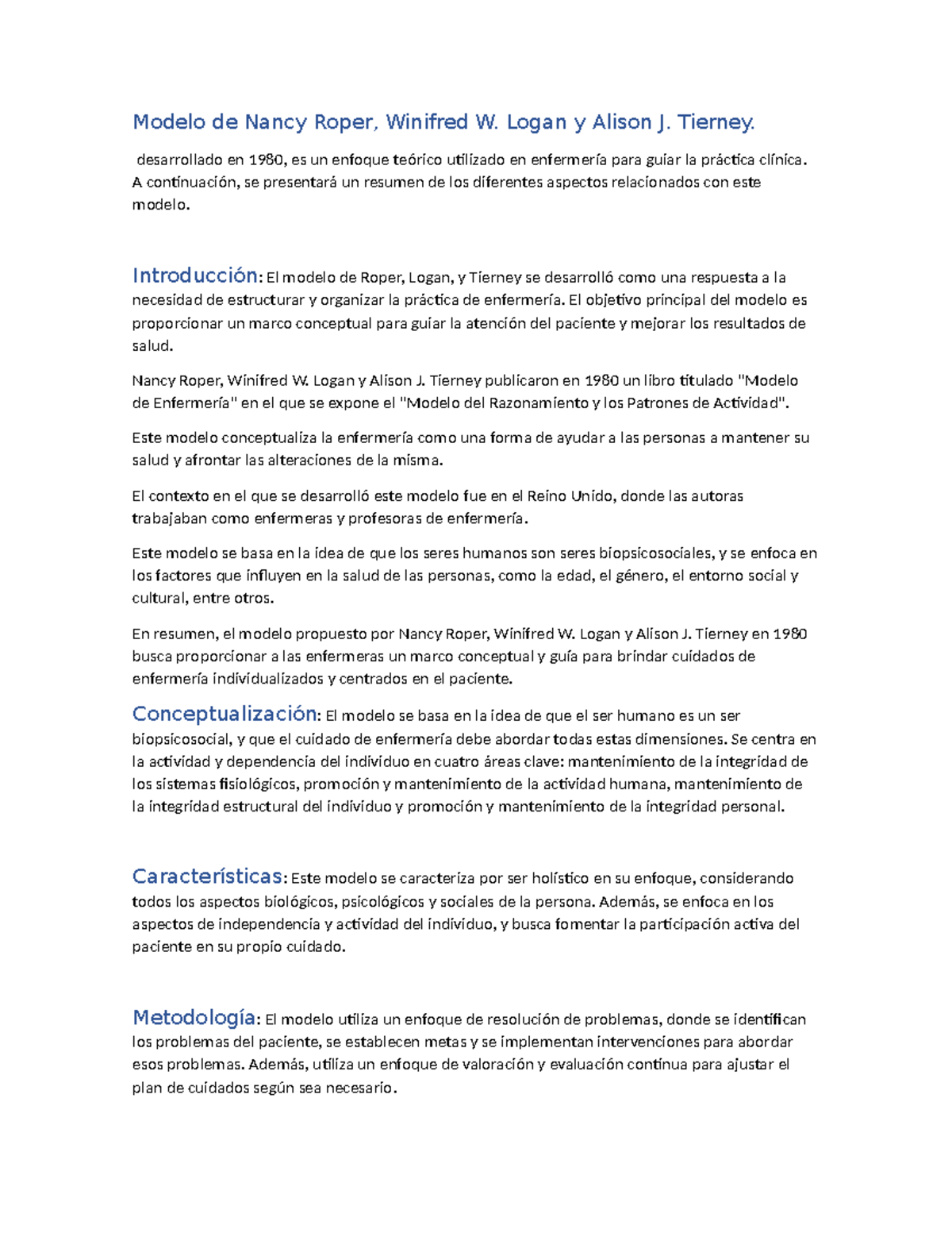 Roper-Logan-Tierney Model: Framework for Nursing Care (ENF1001) - Studocu