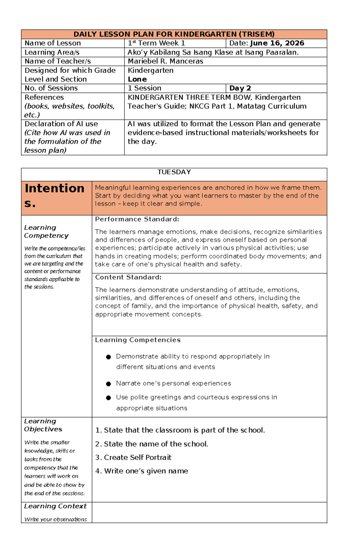 DAILY LESSON PLAN FOR KINDERGARTEN (TRISEM) - DAY 2 - Studocu