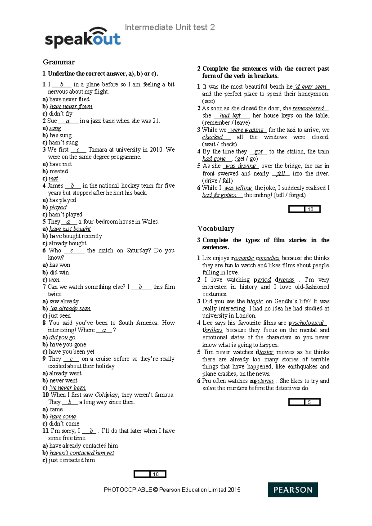 SO2nd ED INT Unit Test 2: Grammar & Vocabulary Practice - Studocu