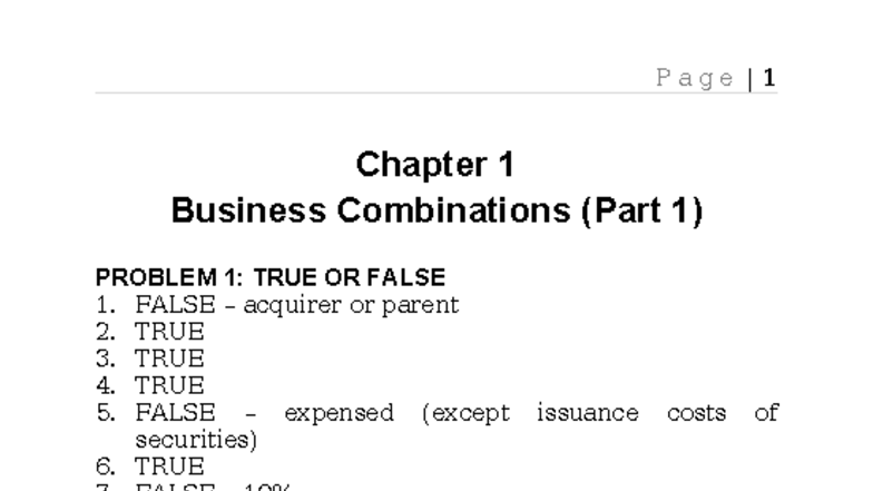 Chapter 1 Business Combinations: True/False & MCQ Solutions (BUS) - Studocu
