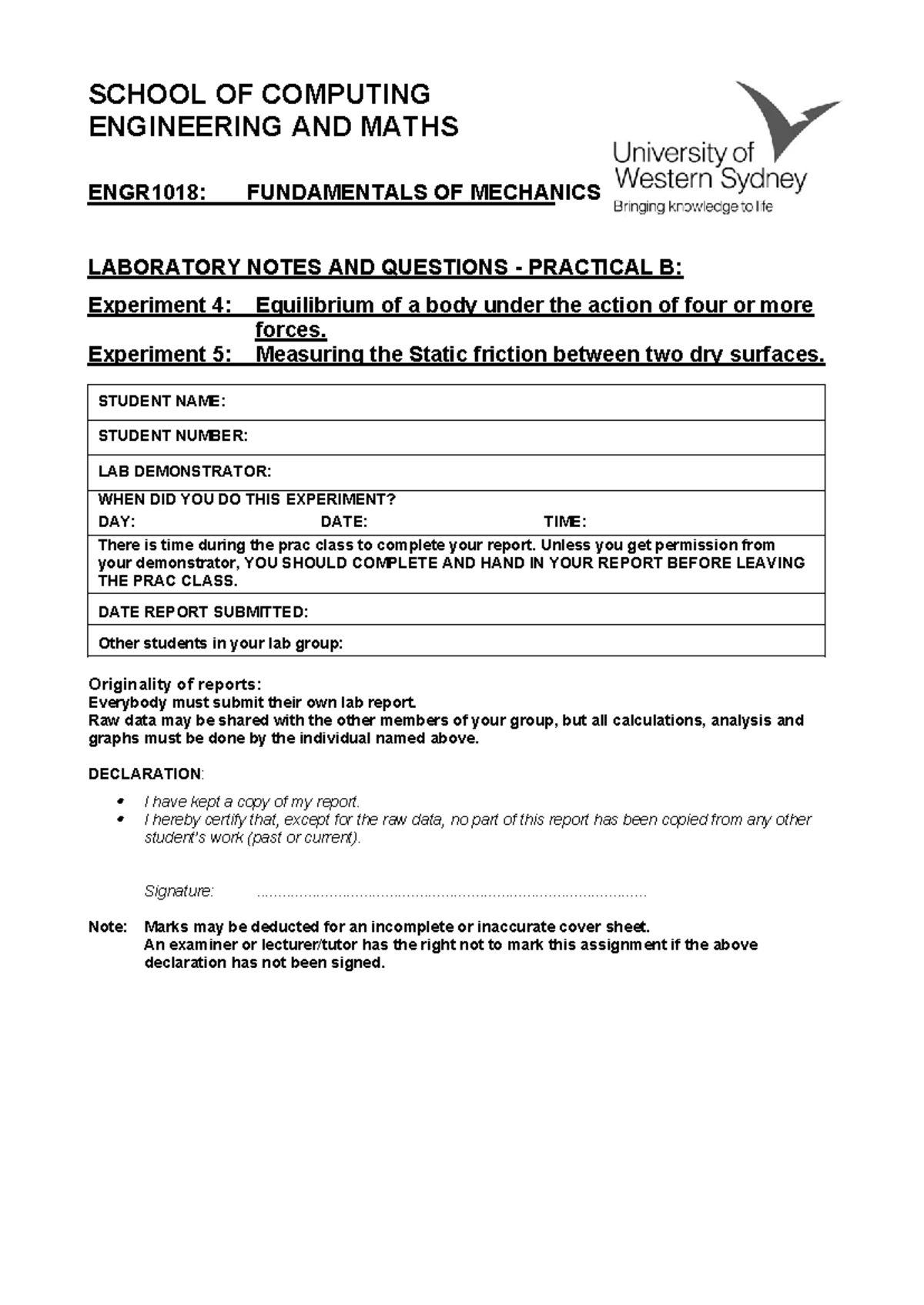ENGR1018: Mechanics Lab Notes & Questions - Equilibrium & Friction ...
