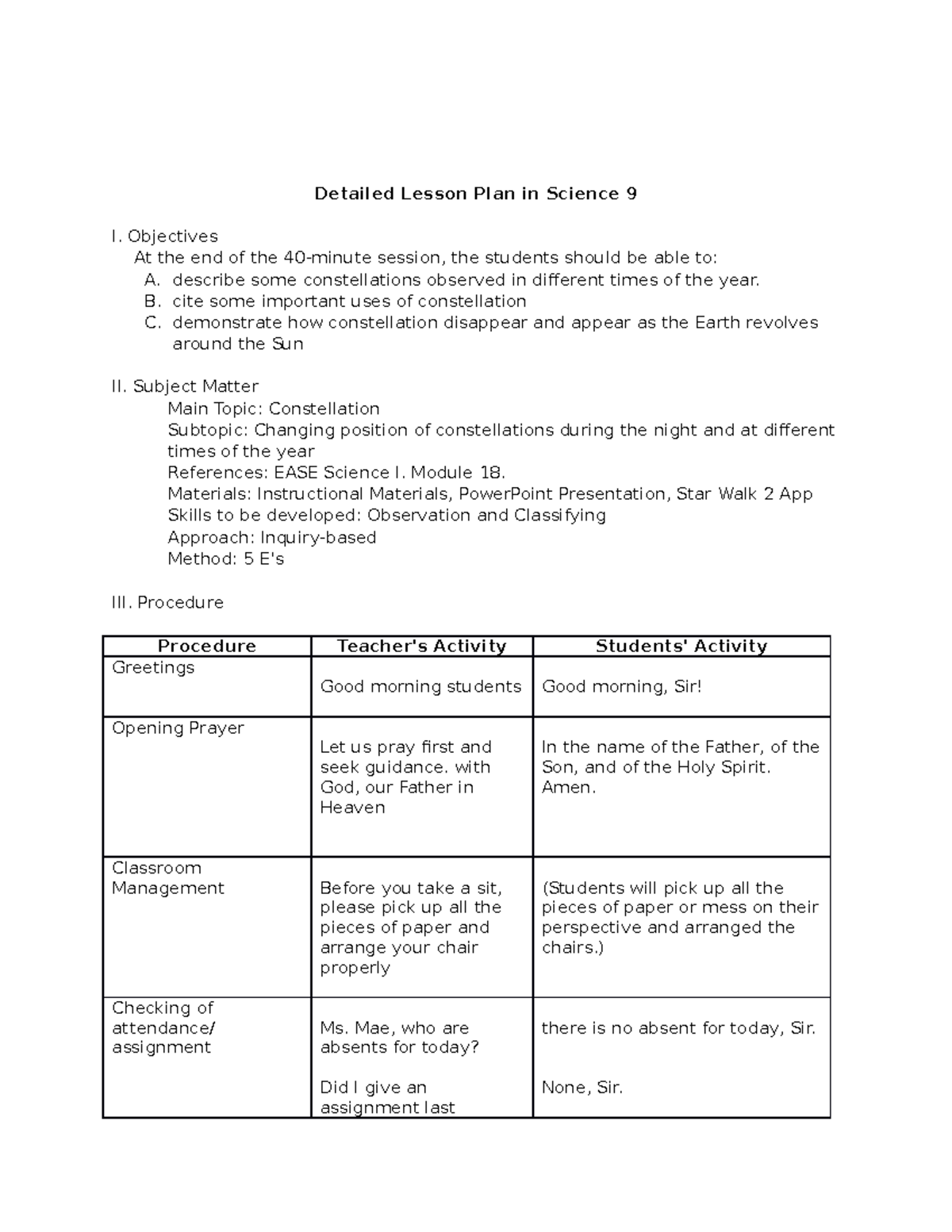 Detailed Lesson Plan: Constellations in Science 9 Class - Studocu