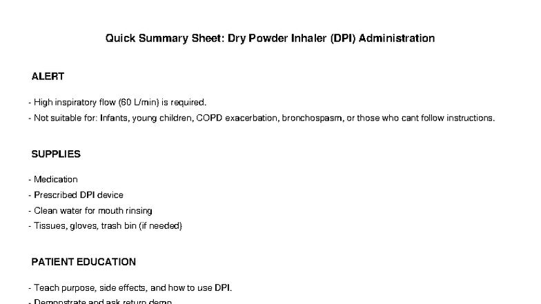 DPI Administration Quick Summary Sheet: Key Steps & Alerts - Studocu