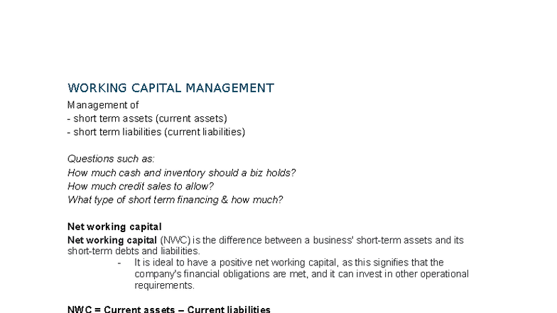 FM Lecture Notes Part 3: Working Capital & Inventory Management - Studocu