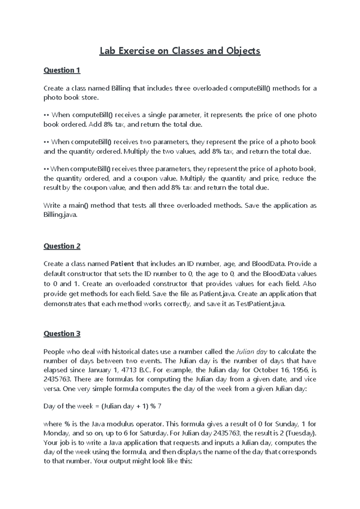 Lab Exercise on Classes & Objects for CS101: Java Fundamentals - Studocu