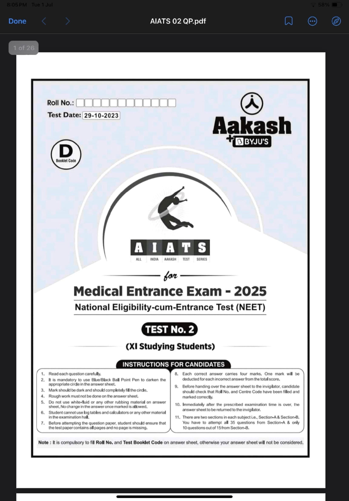 AIATS 02 QP - All India Aakash Test Series for NEET 2025 - Studocu