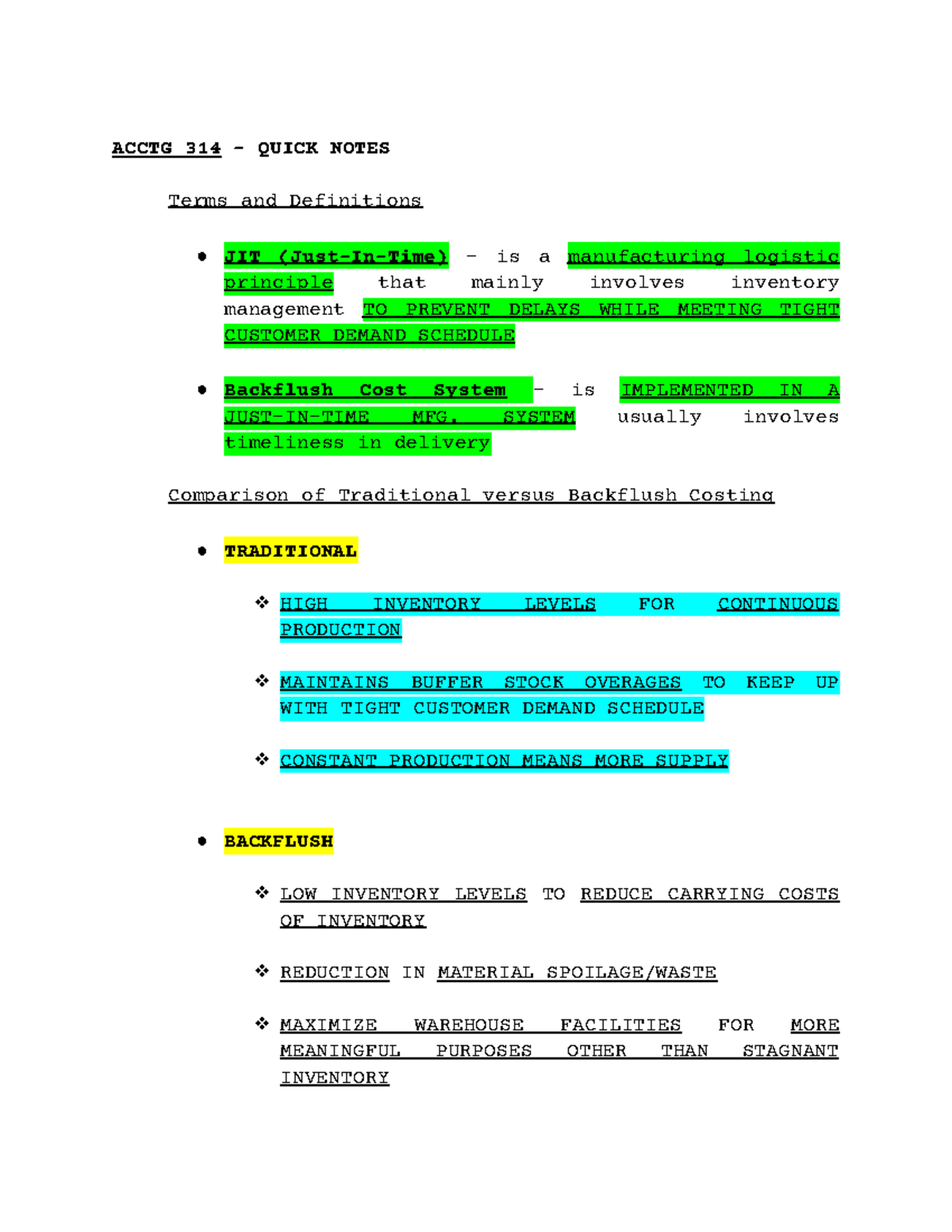 ACCTG 314 Chapter 1 - Quick Notes on Cost Accounting Terms - Studocu