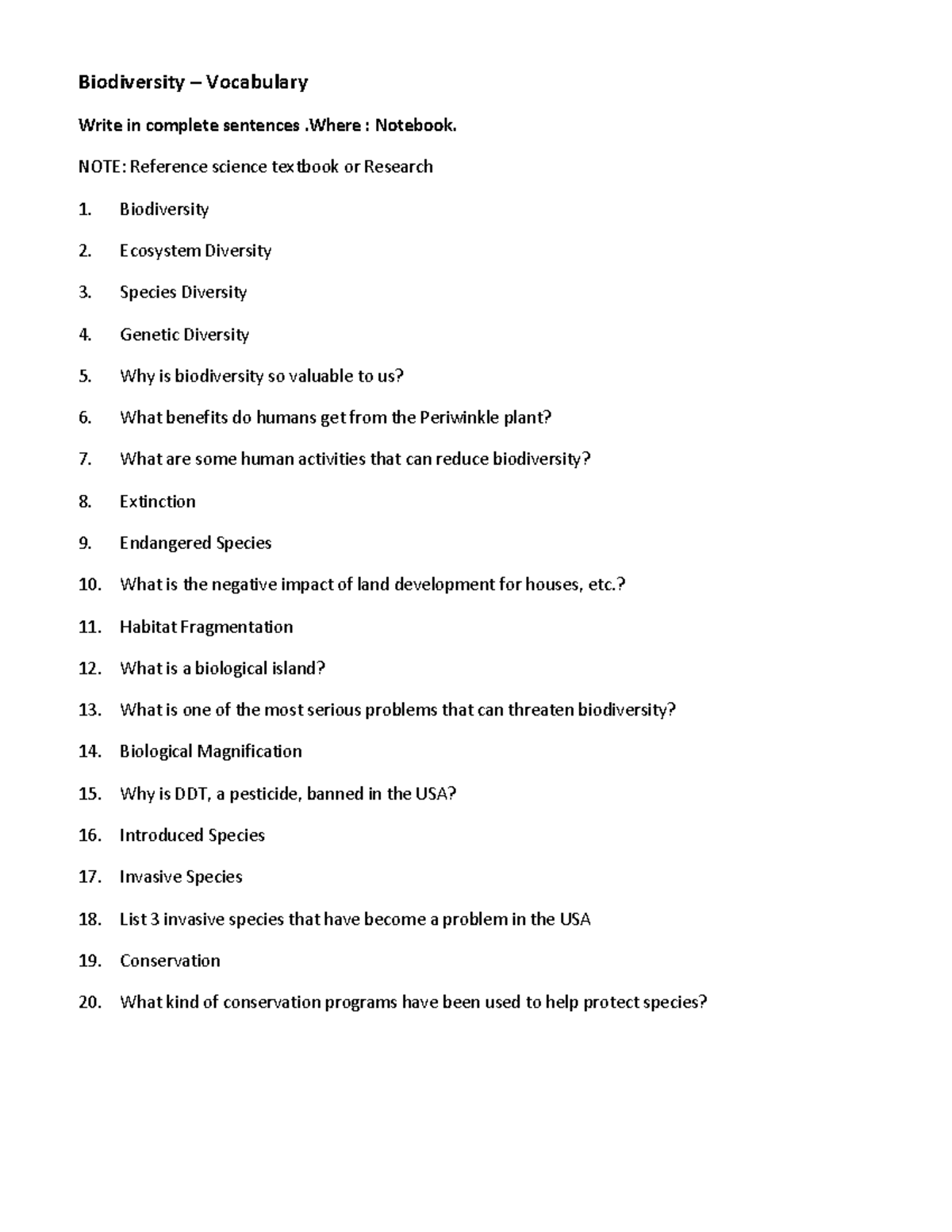 Biodiversity Vocabulary Notes for Science Class - Studocu