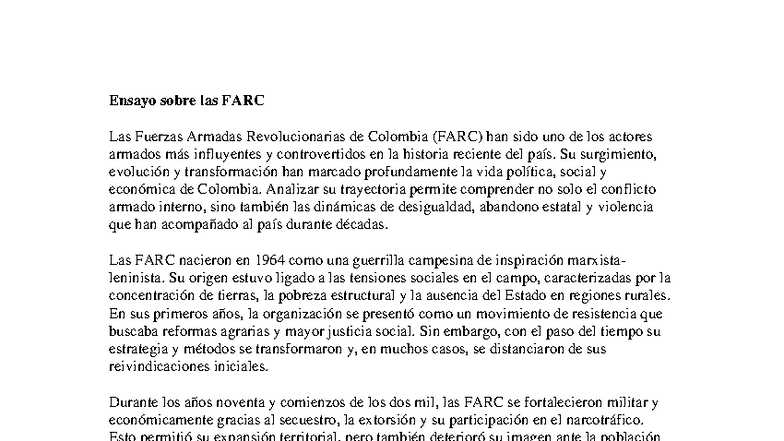 Ensayo sobre las FARC: Historia y Proceso de Paz en Colombia - Studocu