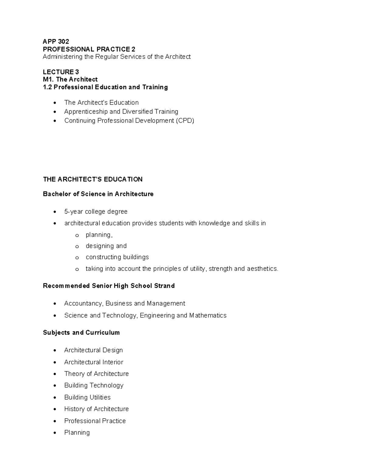 APP 302 PROFESSIONAL PRACTICE 2: Architect Services Lecture 3 M1 - Studocu