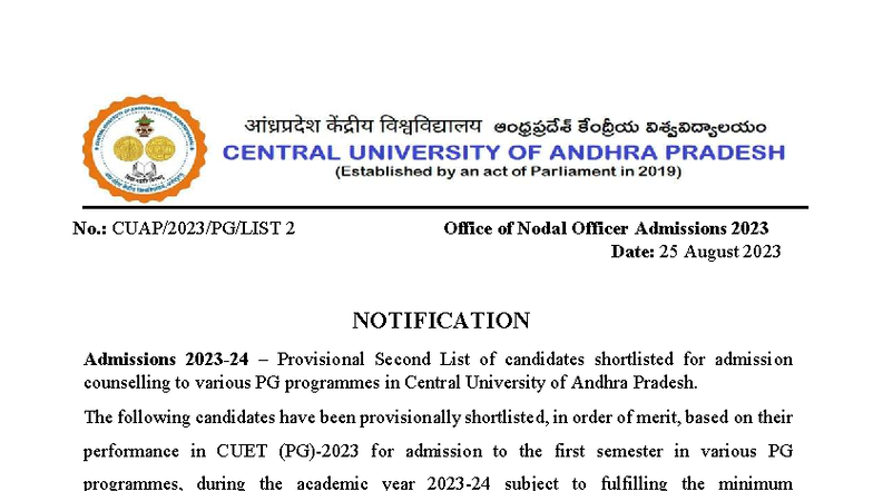 Provisional Second List of PG Admissions 2023-24 - CUET - Studocu