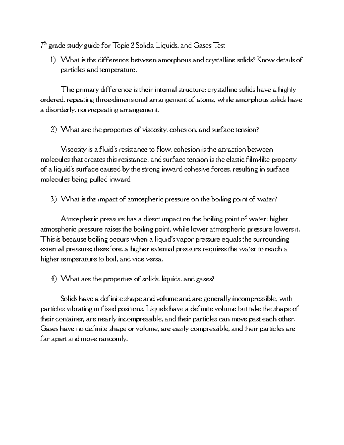 7th Grade Study Guide: Solids, Liquids, and Gases Test - Studocu