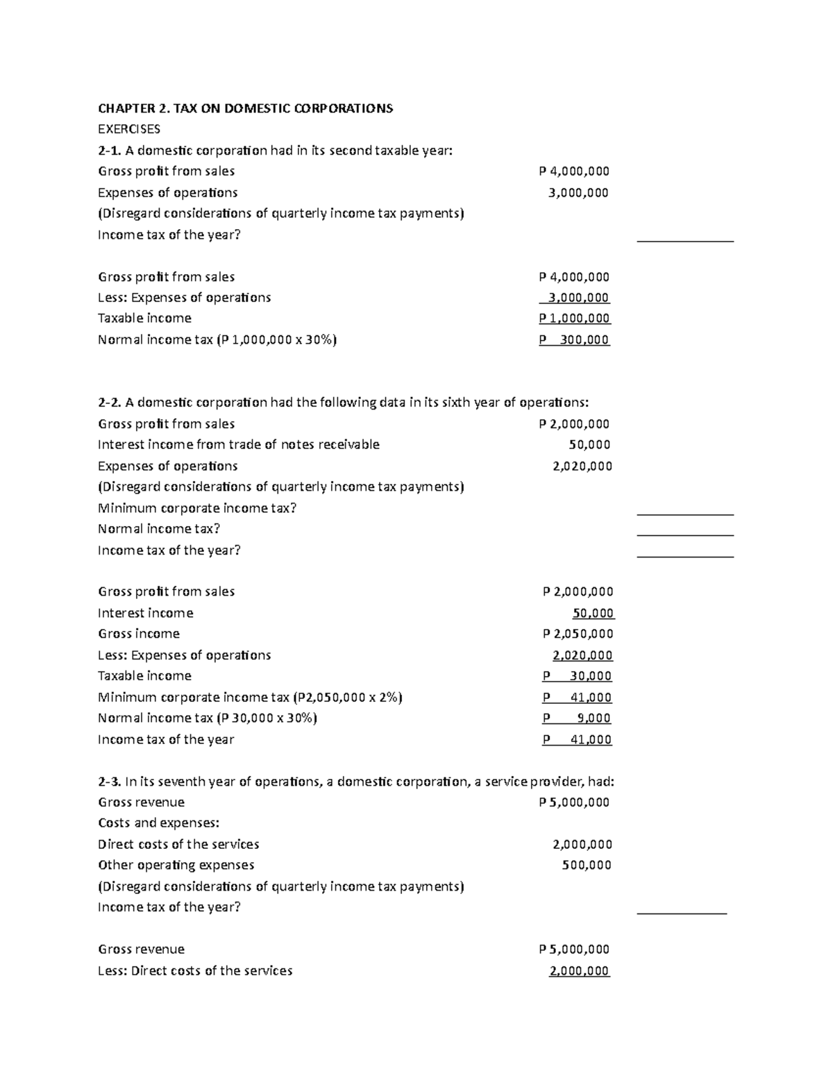 Tax 1: Day 1 Lesson - Domestic Corporation Taxation Exercises - Studocu