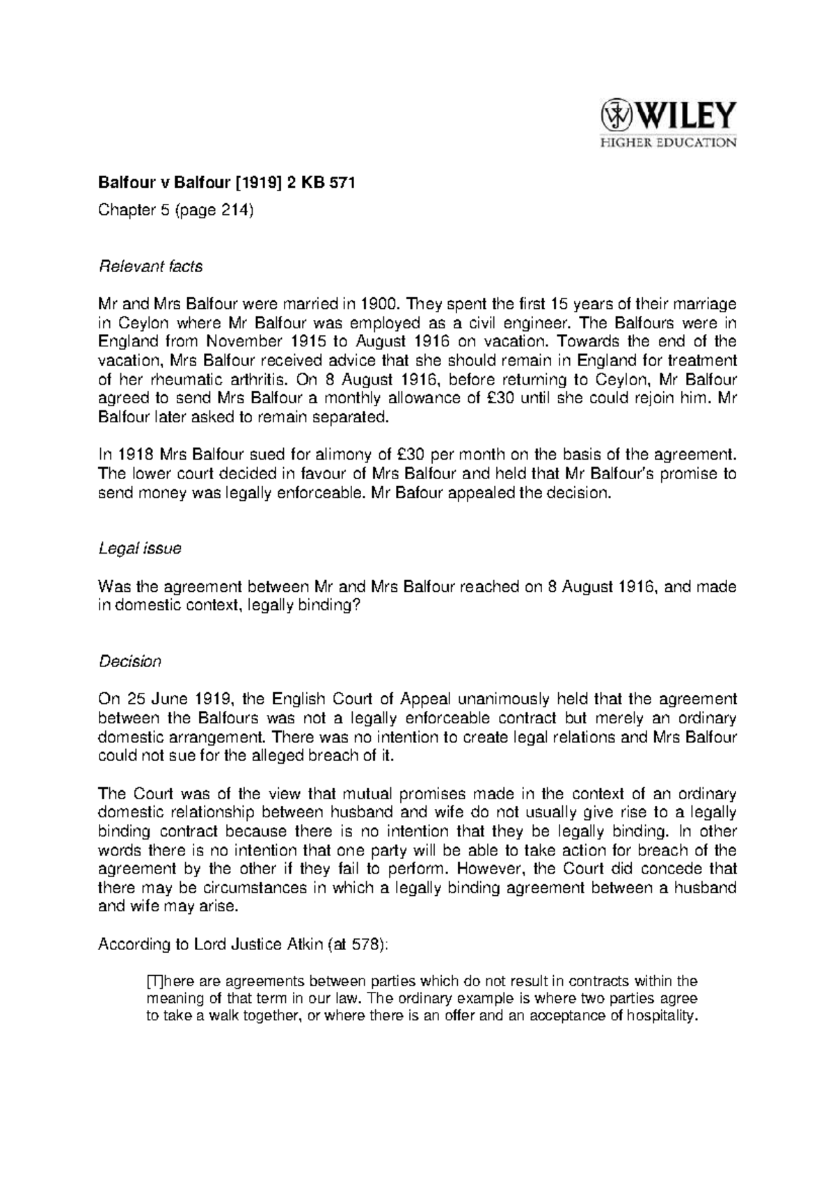 Balfour v Balfour 2 KB 571 Case Study Analysis - Studocu
