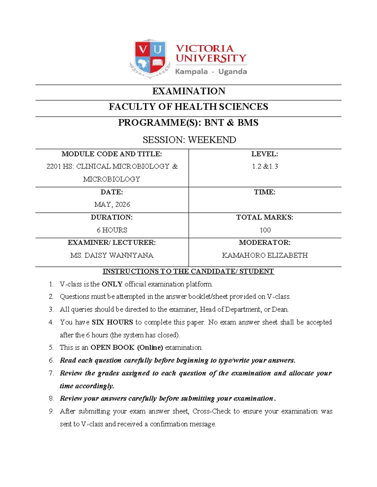 FHS BNT BMS Clinical Microbiology Exam Guidelines and Questions - Studocu
